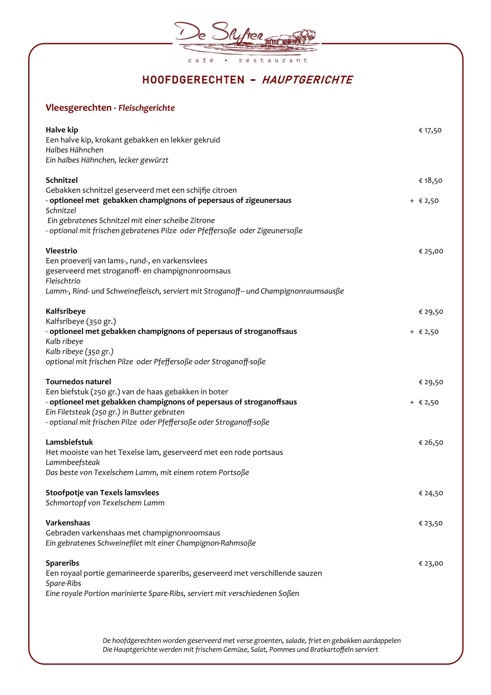 Café-Restaurant De Slufter - Ons menu